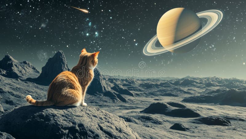 A Cat is Shown Observing Saturn from a Distant View in Outer Space, Set ...