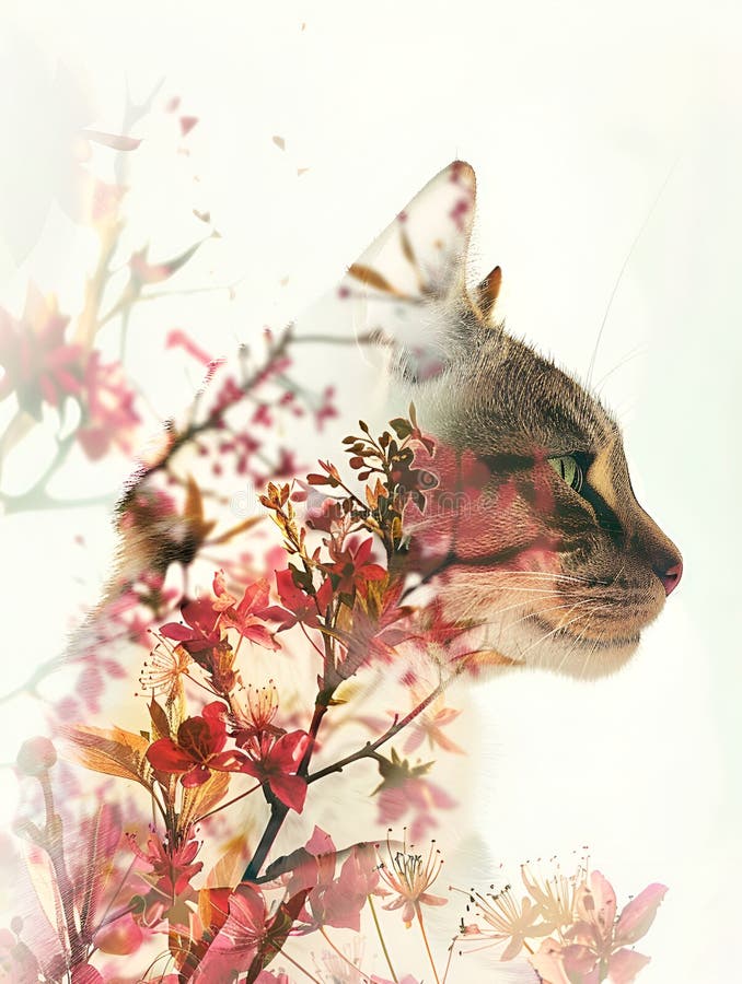 Cat Silhouette with Floral Overlay in Soft Light, Double Exposure Stock ...
