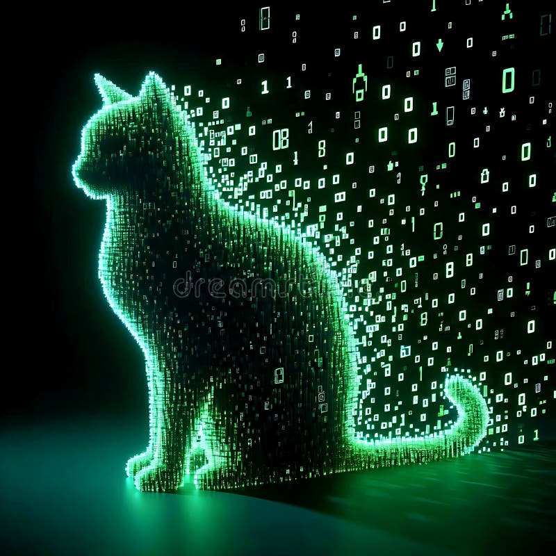 Cat Silhouette in the Glow Green Matrix Code on Black Background Stock ...