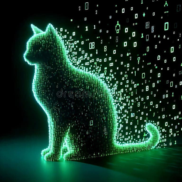 Cat Silhouette in the Glow Green Matrix Code on Black Background Stock ...