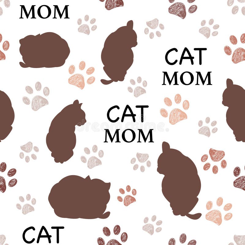 Cat Silhouette Paw Prints Cat Mom Text. Seamless Fabric Design Pattern ...