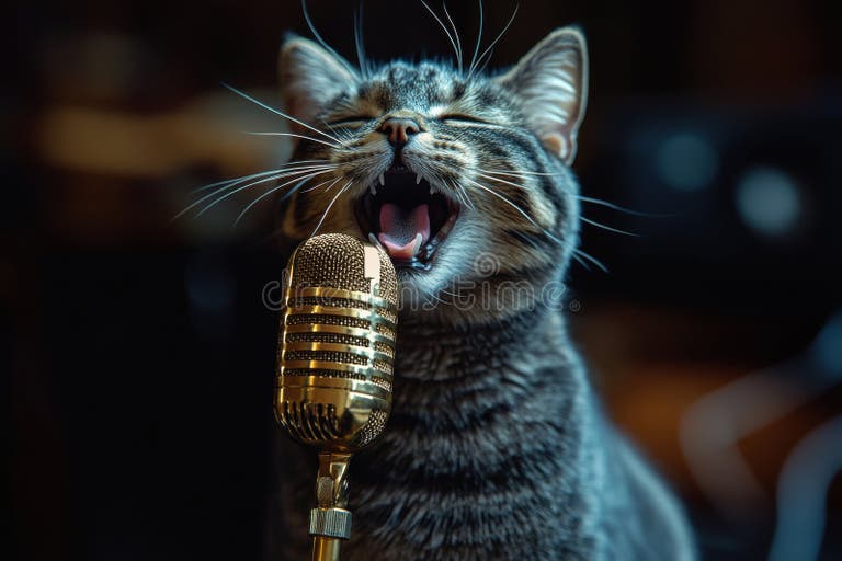 A Cat is Singing into a Microphone Stock Image - Image of loud ...