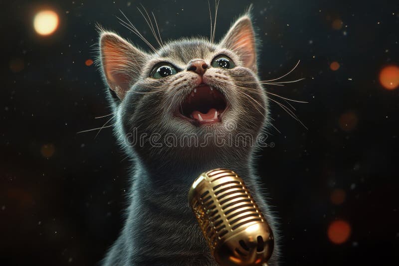 A Cat is Singing into a Microphone Stock Photo - Image of star, karaoke ...
