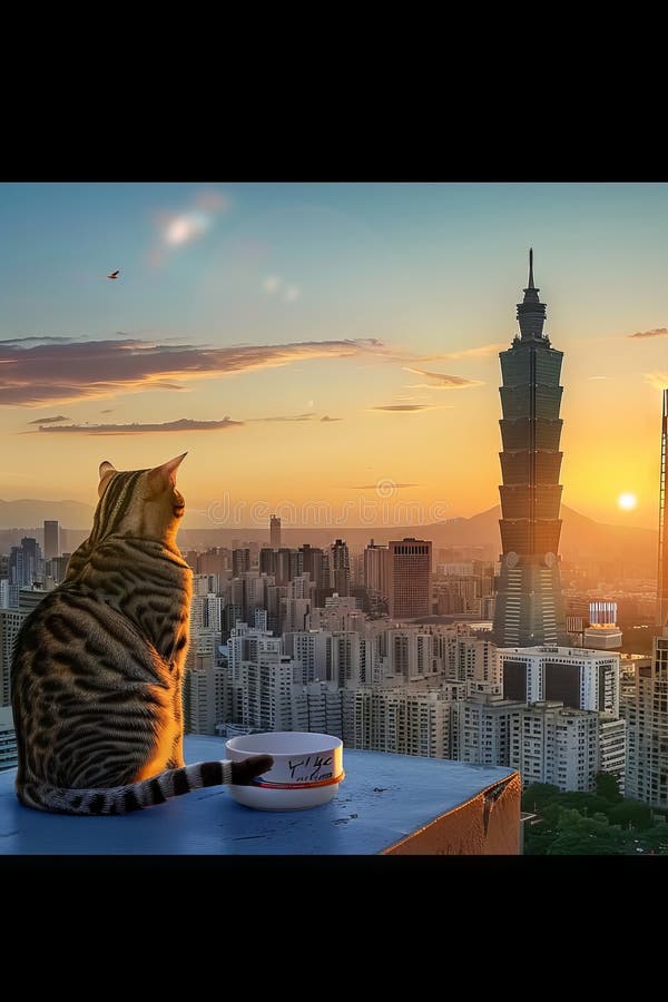 Cat Sits on Balcony in Front of Skyscraper Stock Image - Image of ...