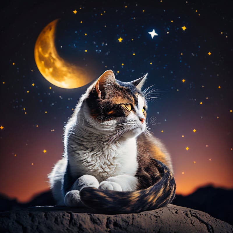 Crescent Moon Cat Silhouette Stock Illustrations – 282 Crescent Moon ...