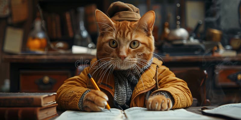 A Cat Sits at a Desk, Writing on a Piece of Paper Stock Illustration ...