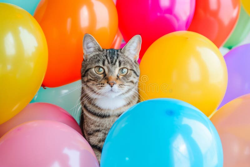 Cat Sits among the Festive Decorations. Kitten among Balloons Stock ...