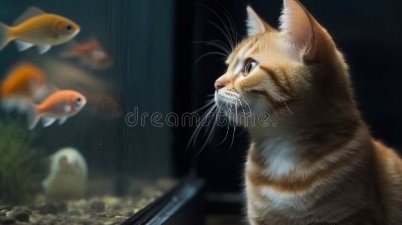The Cat Sits in Front of the Aquarium and Looks at the Fish. Selective ...