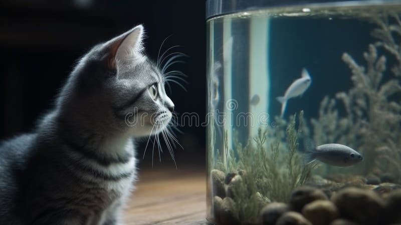The Cat Sits in Front of the Aquarium and Looks at the Fish. Selective ...