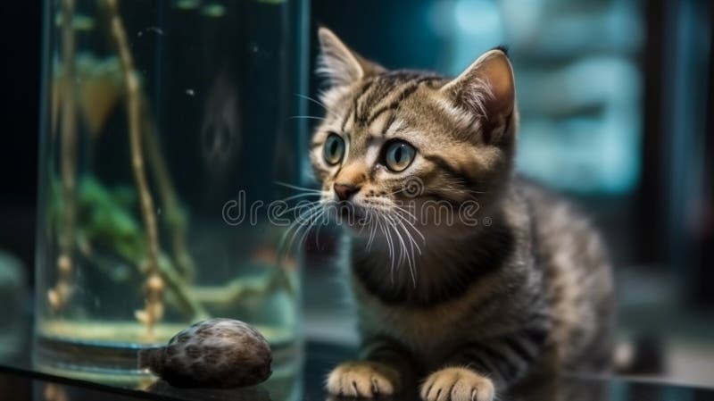 The Cat Sits in Front of the Aquarium and Looks at the Fish. Selective ...