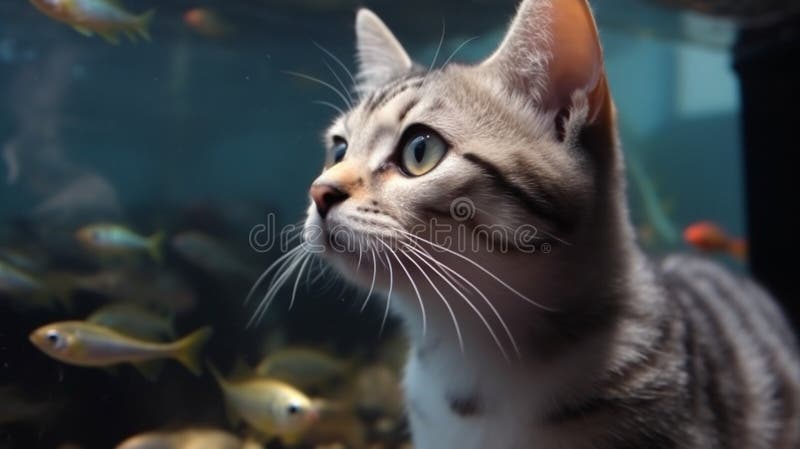 The Cat Sits in Front of the Aquarium and Looks at the Fish. Selective ...