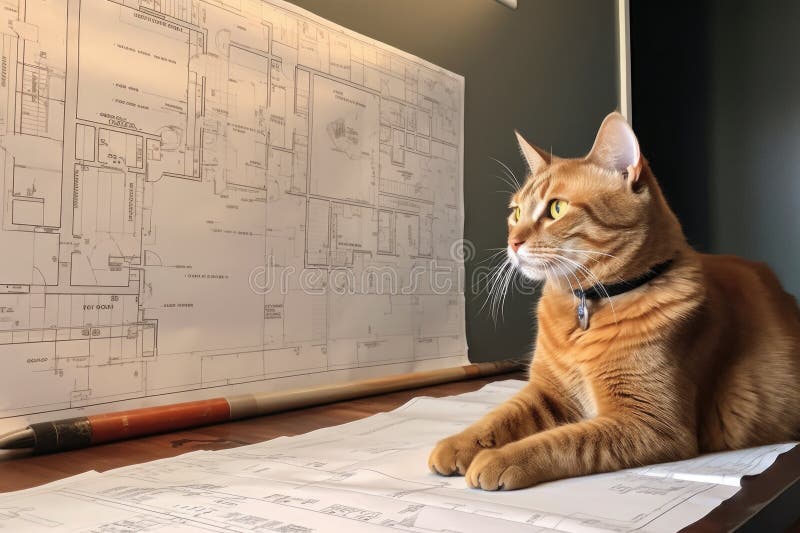 Cat Sits in Front of Wall-sized Blueprint, Pawing at the Plans Stock ...