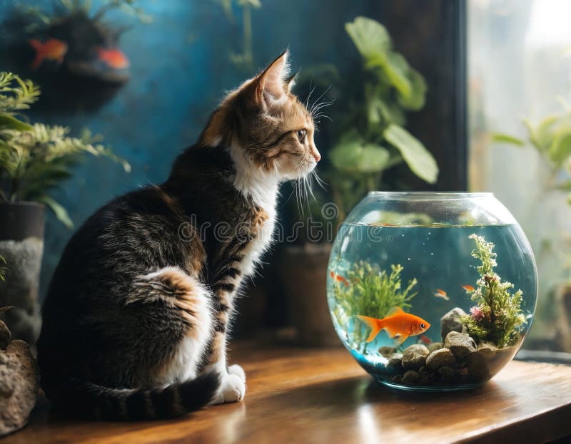 A Cat Sits Next To a Fish Bowl and Looks at a Fish Tank - Generated by ...