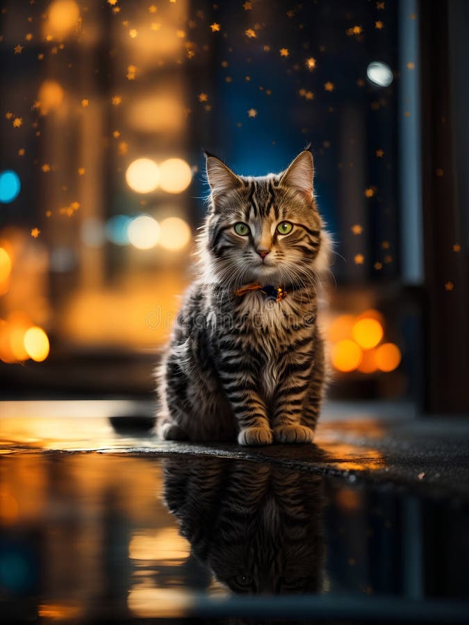 A Cat Sits on a Reflective Surface Stock Image - Image of affectionate ...
