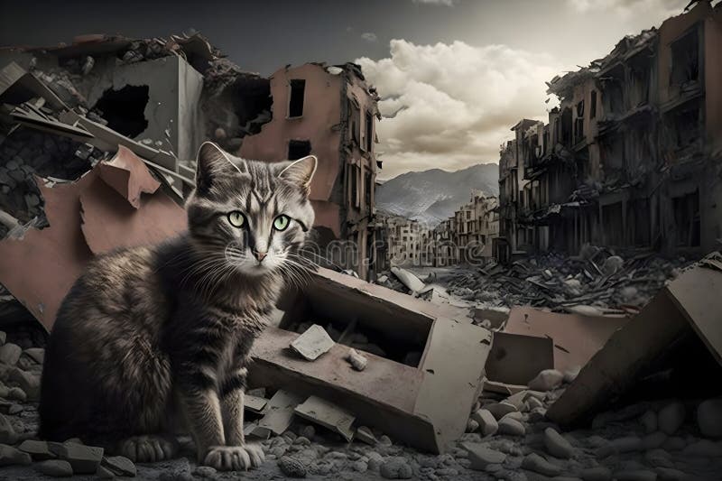 A Cat Sits in the Rubble of Houses after the Earthquake. Generative AI ...