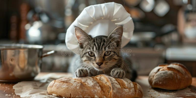 A Cat Sits on a Table Next To a Loaf of Bread Stock Photo - Image of ...