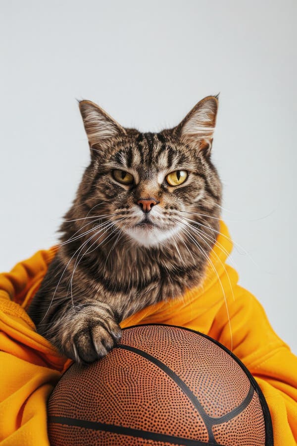 A Cat Sits on Top of a Basketball Ball in a Straightforward and Simple ...