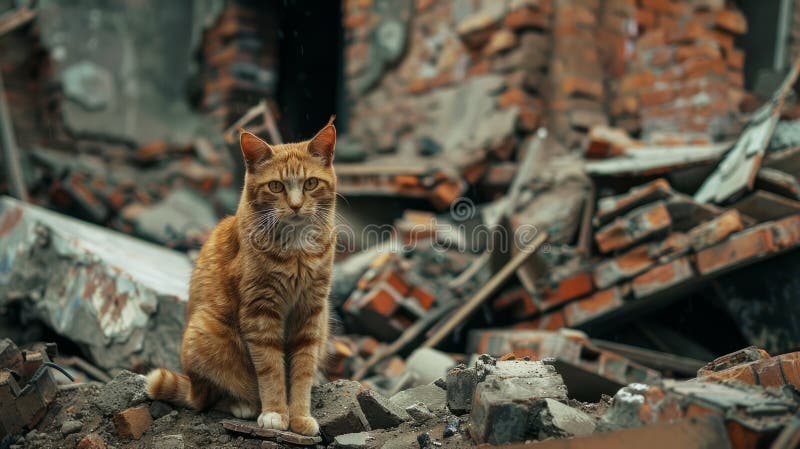 Cat Sits on Top of a Pile of Rubble, Amidst the Ruins of a Destroyed ...