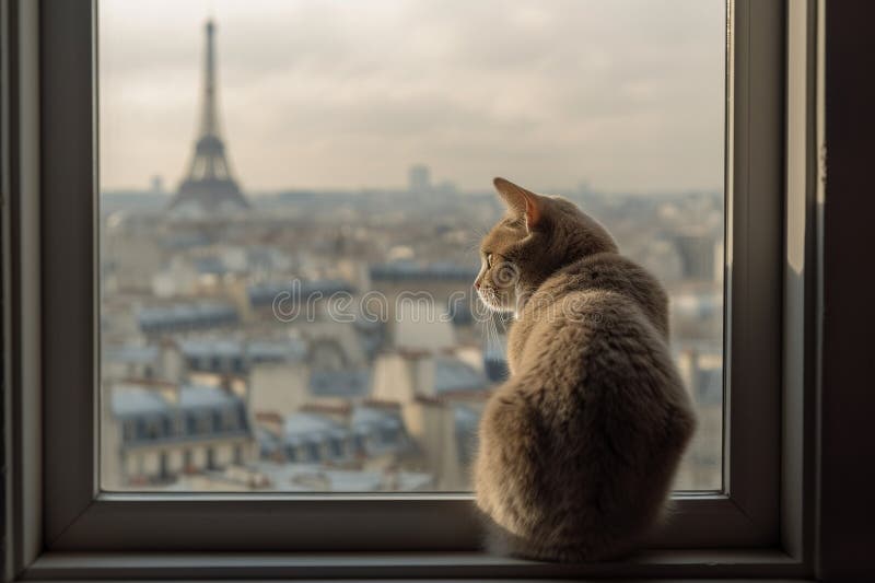 The Cat Sits on the Windowsill and Looks at Paris Stock Illustration ...