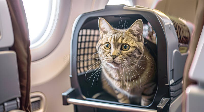 A Cat Sitting on an Airplane in an Animal Carrier Stock Image - Image ...