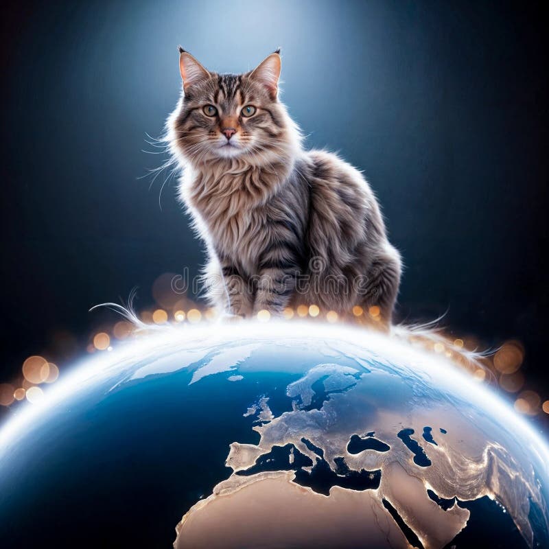 Cat Sitting Atop Stylized Orb of Earth.Generative AI Stock Illustration ...