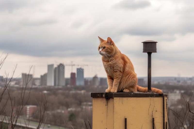 Cat Sitting Atop Tall Structure, Surveying the City Below Stock ...