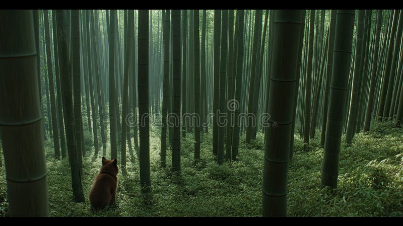 Cat Sitting, Bamboo Forest, Japan, Misty Morning, Serene Stock Photo ...