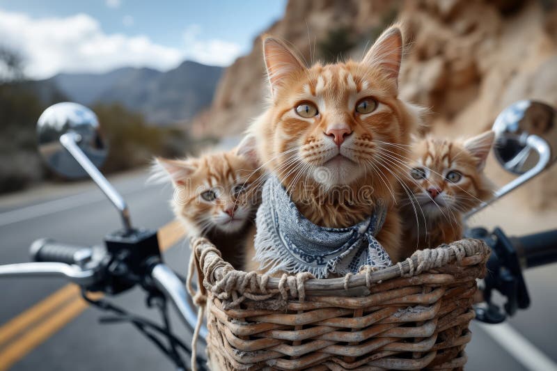 A Cat Sitting in a Basket on the Back of a Bike Stock Illustration ...