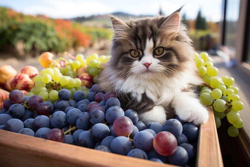 A Cat Sitting in a Basket of Grapes, AI Stock Photo - Image of ...