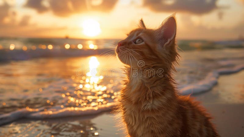 A Cat Sitting on the Beach Looking Up at a Sunset, AI Stock Photo ...