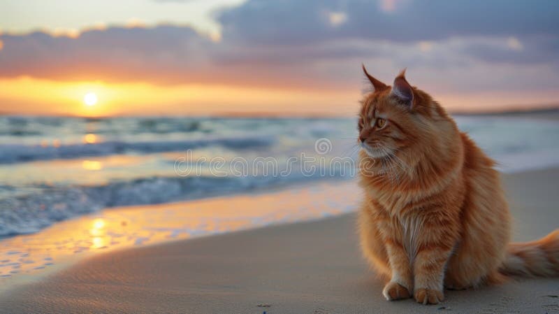 A Cat Sitting on the Beach at Sunset Looking Out To Sea, AI Stock Image ...