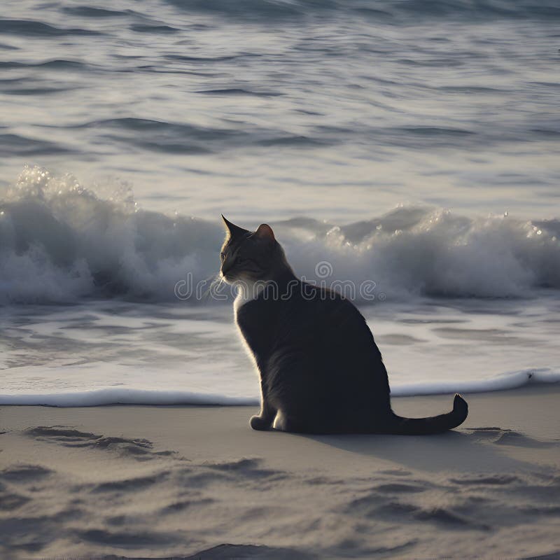 A Cat is Sitting on the Beach Watching the Blue Waves. AI-generated ...
