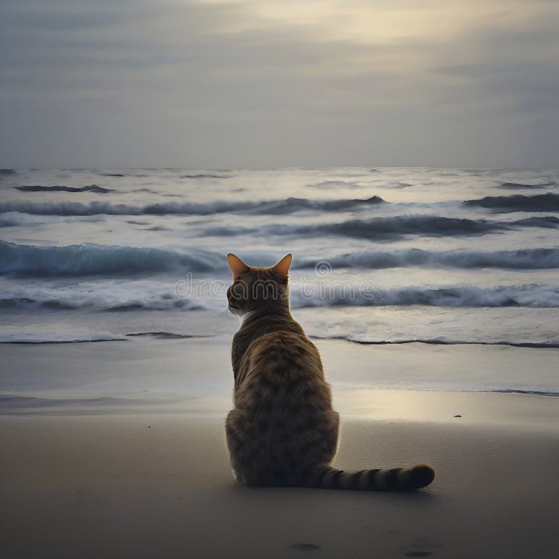 A Cat is Sitting on the Beach Watching the Blue Waves. AI-generated ...