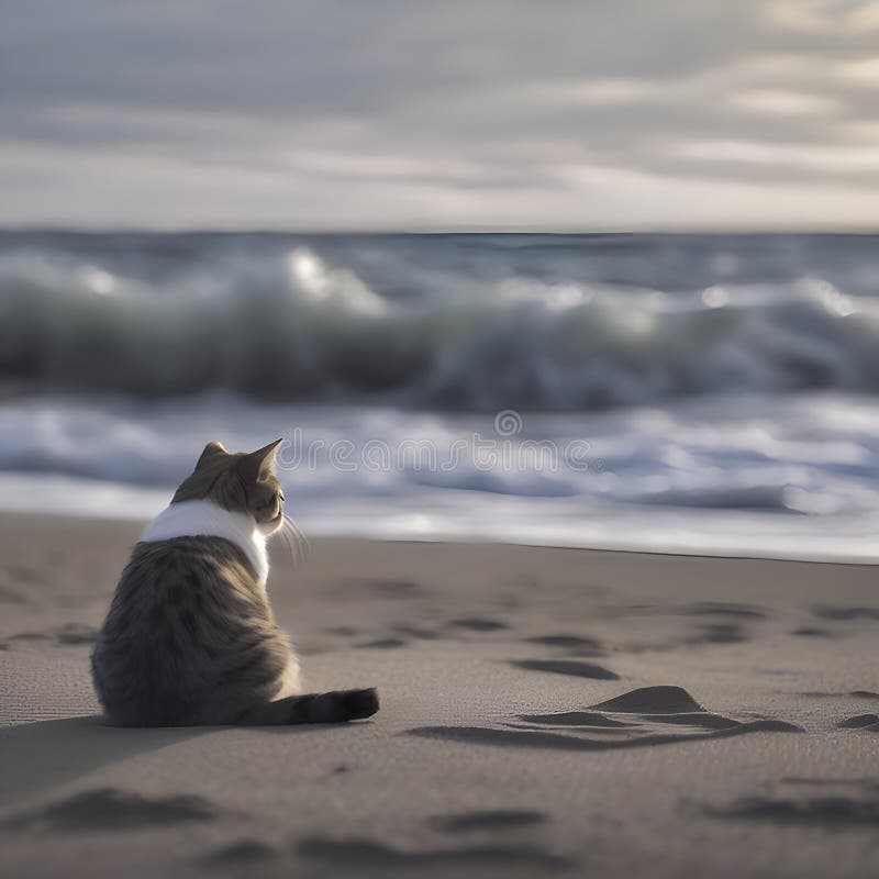 A Cat is Sitting on the Beach Watching the Blue Waves. AI-generated ...