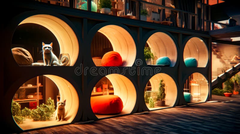 Cat Sitting on Bench in Front of Wall of Round Windows. Generative AI ...