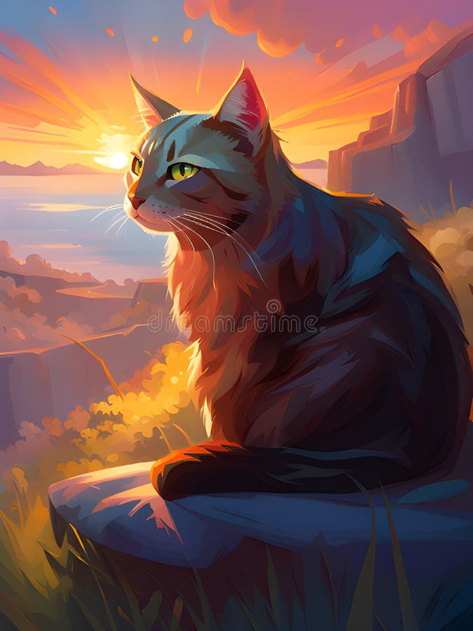 Cat Sitting on a Bench in the Sunset, Illustration Stock Illustration ...