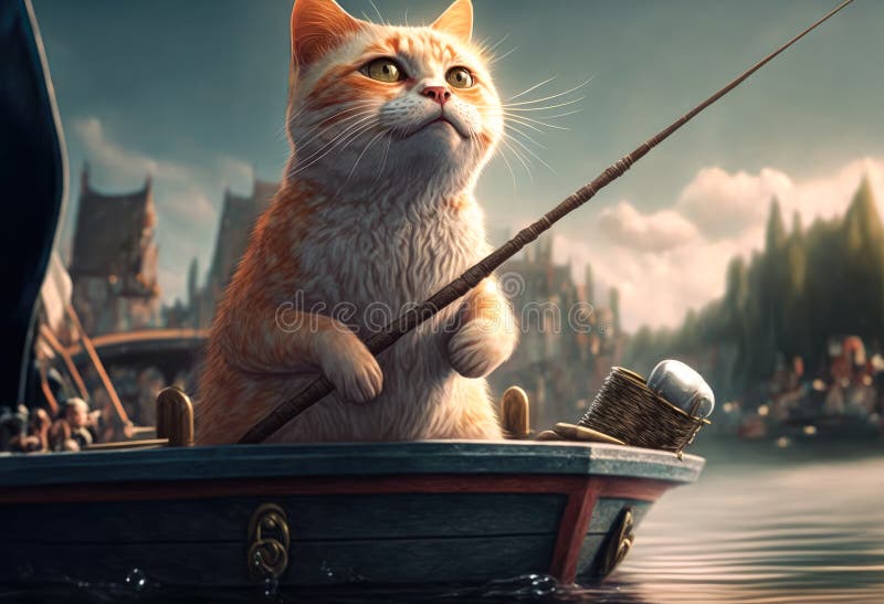 A Cat Sitting in a Boat and Fishing Using a Fishing Rod. Created with ...
