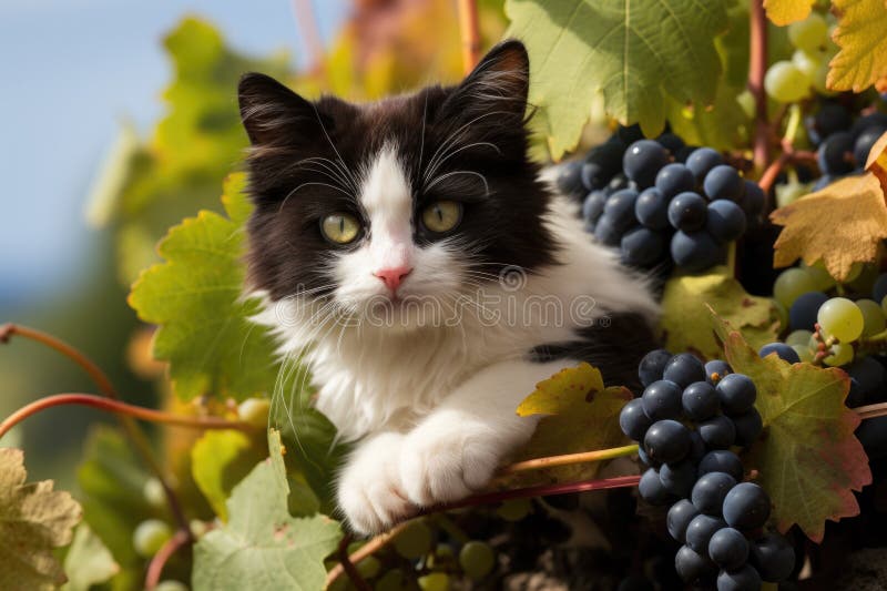 A Cat Sitting on a Branch of a Vine, AI Stock Photo - Image of grape ...