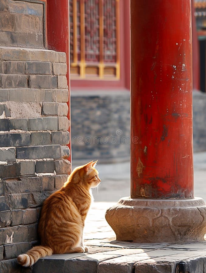 Cat Sitting on a Stone Step Next To a Pillar Stock Illustration ...