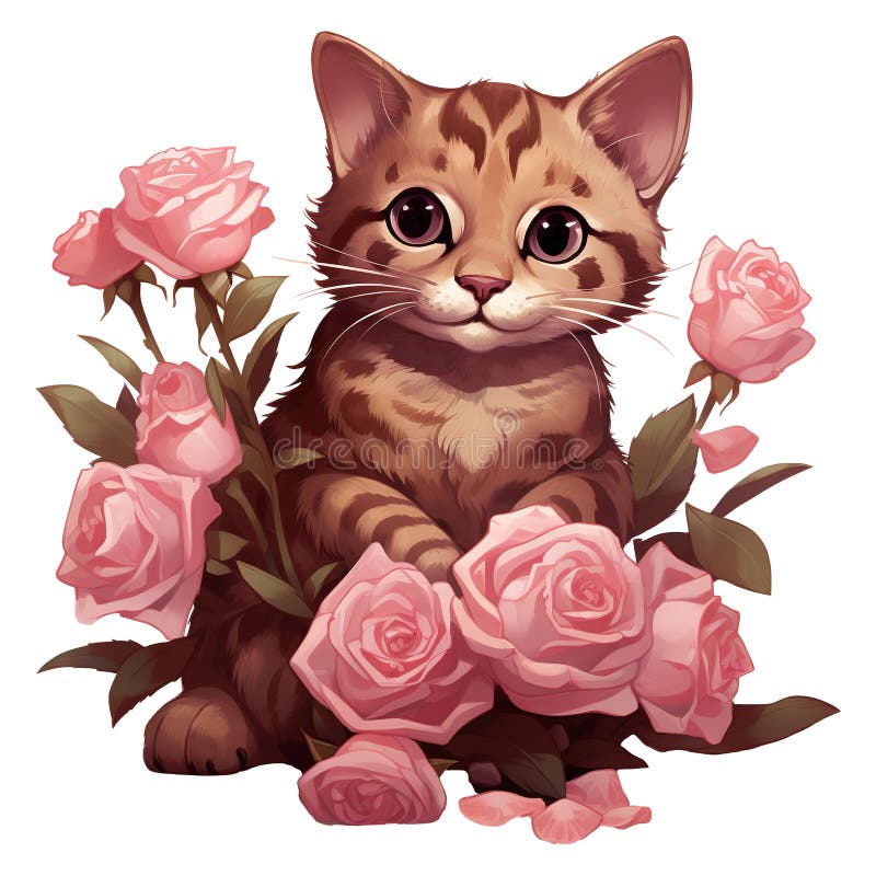 Cat Sitting in a Bunch of Pink Roses Stock Photo - Illustration of ...