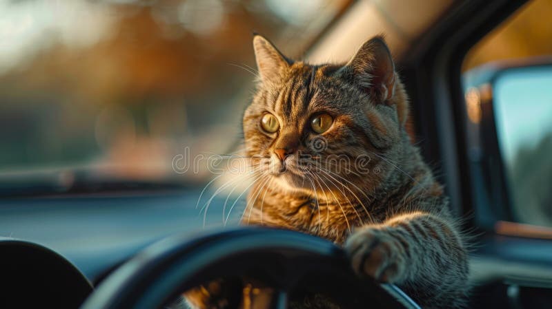 A Cat Sitting in a Car with Its Paws on the Steering Wheel, AI Stock ...