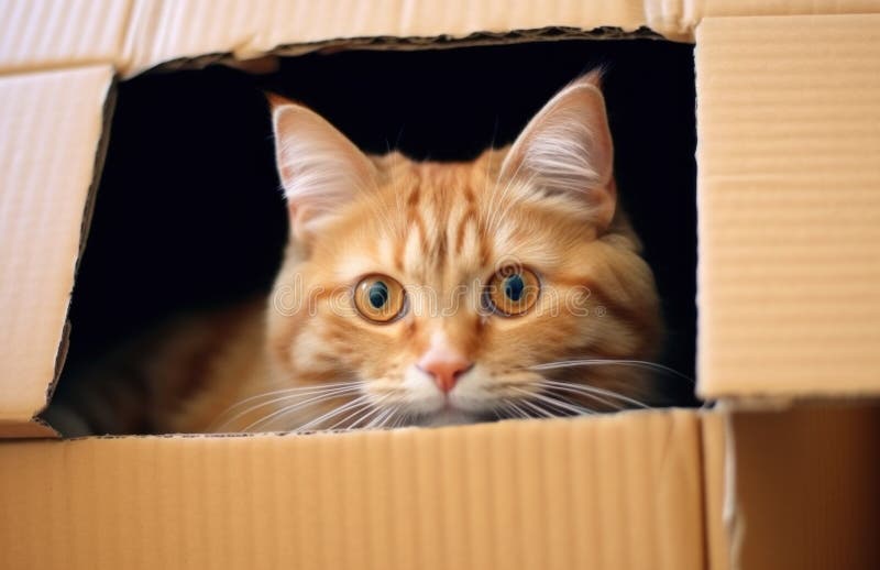 A Cat Sitting in a Cardboard Box Looking Out of it Stock Photo - Image ...