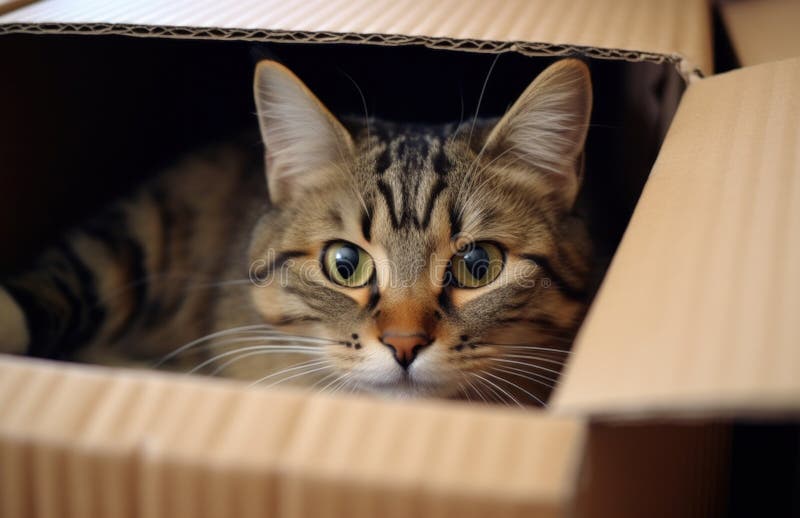 A Cat Sitting in a Cardboard Box Looking Out of it Stock Photo - Image ...