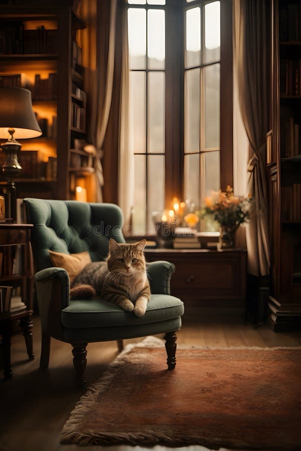 A Cat Sitting on a Chair in Cozy Library Stock Image - Image of paper ...