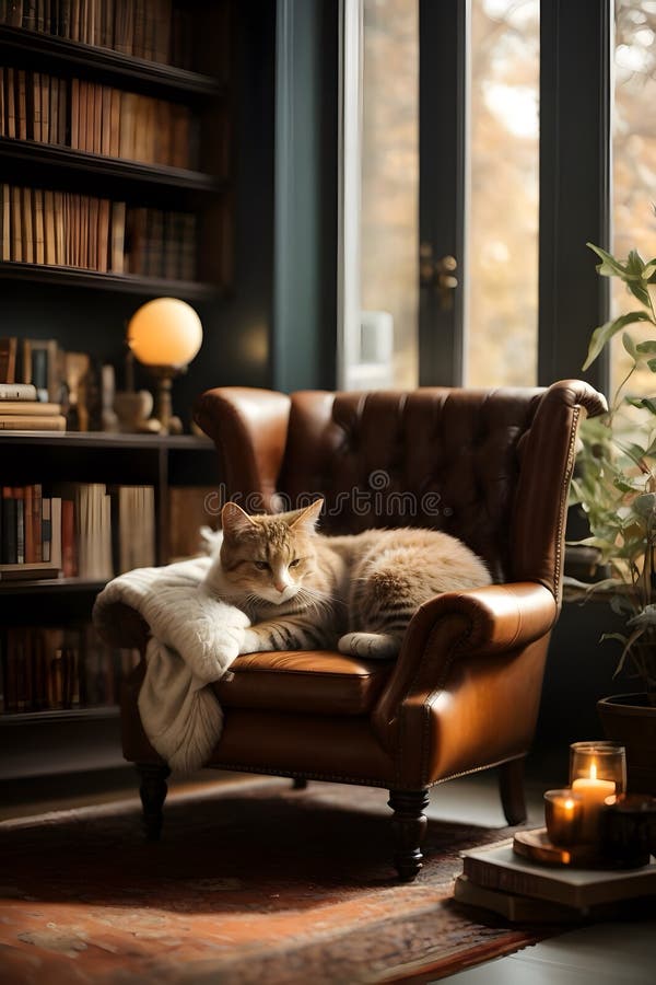 A Cat Sitting on a Chair in Cozy Library Stock Illustration ...