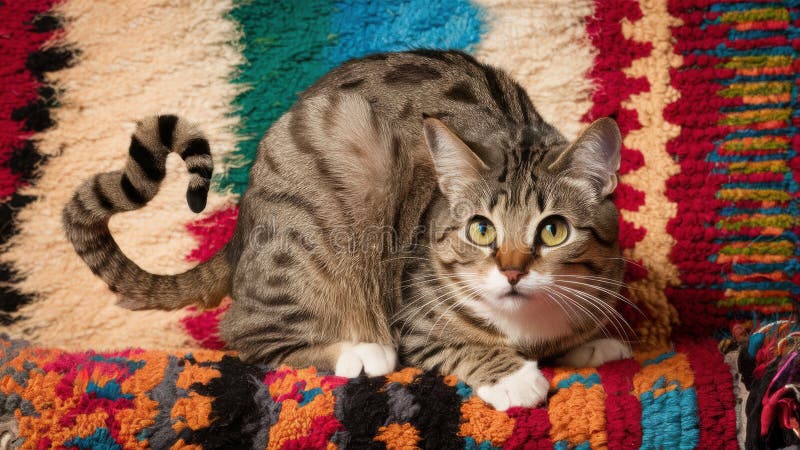 A Cat Sitting on a Colorful Rug with Its Tail Curled, AI Stock Image ...