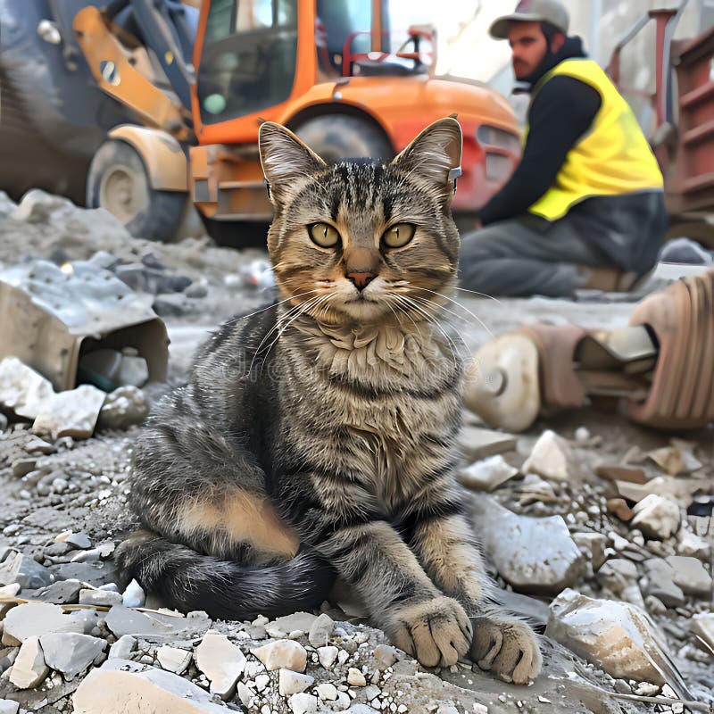 Cat Sitting at Construction Site Stock Illustration - Illustration of ...