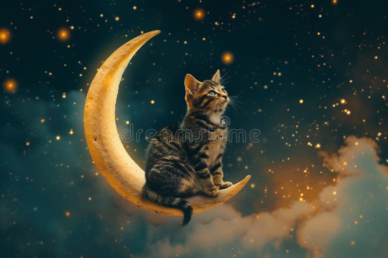 Cat Sitting on the Crescent Moon Ai Illustration Stock Illustration ...