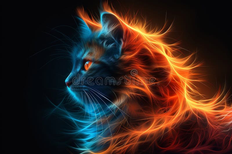 A Cat that is Sitting in the Dark, a Magical Creature Made of Fire ...