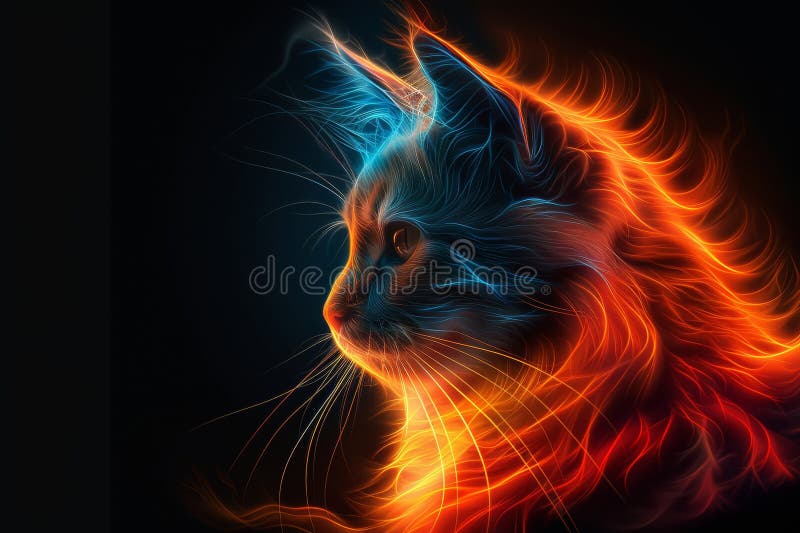 A Cat that is Sitting in the Dark, a Magical Creature Made of Fire ...